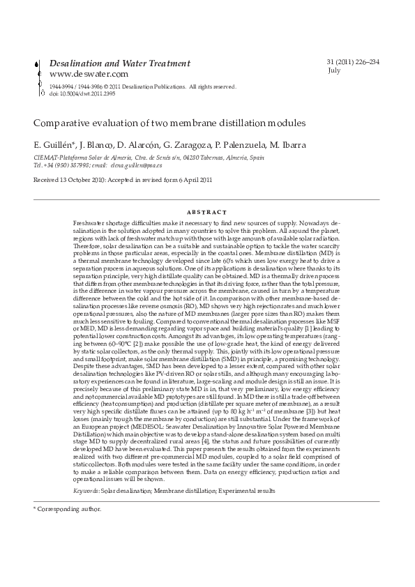 (PDF) Comparative evaluation of two membrane distillation modules (PDF) Comparative evaluation of two membrane distillation modules