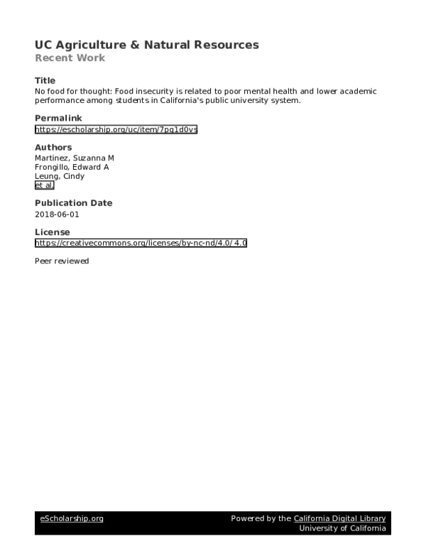(PDF) No food for thought: Food insecurity is related to poor mental ...
