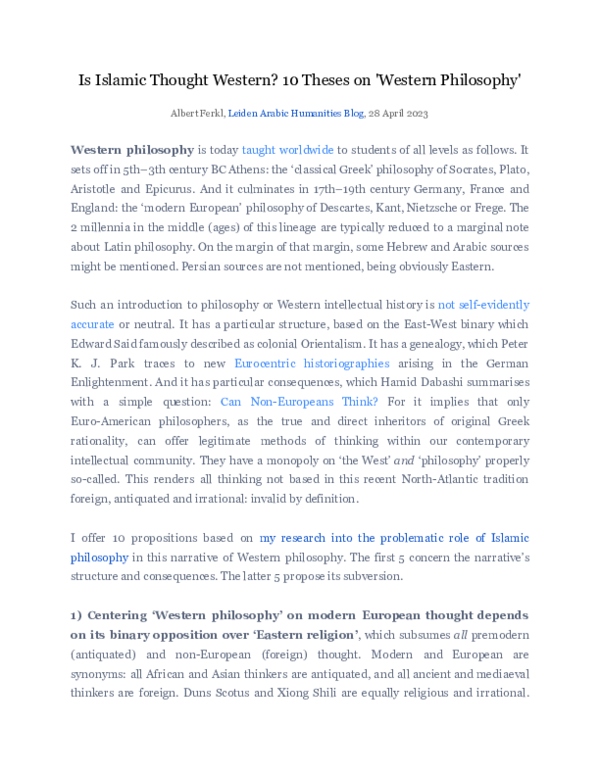 (PDF) Is Islamic Thought Western? 10 Theses on 'Western Philosophy'