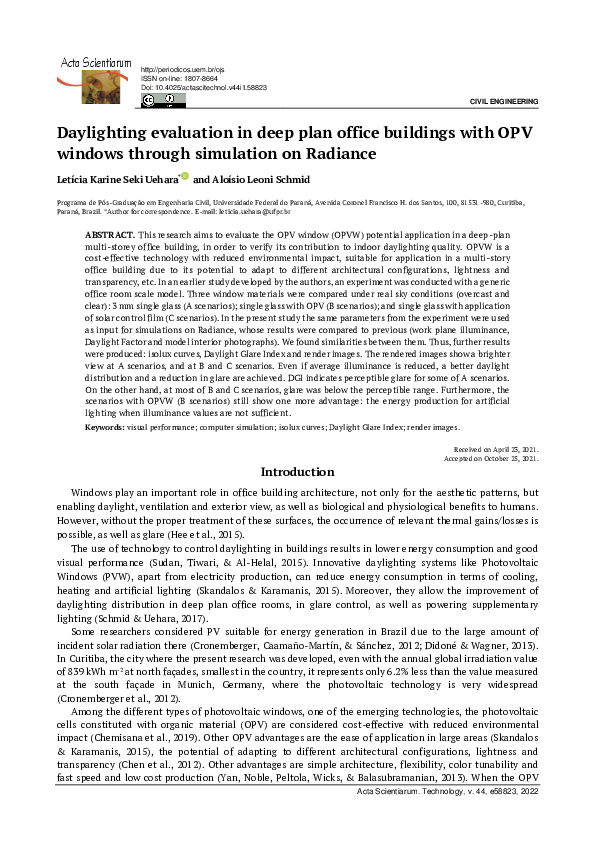 (PDF) Daylighting evaluation in deep plan office buildings with OPV windows through simulation ...