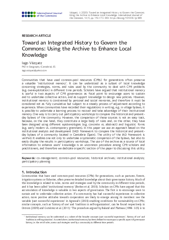 (PDF) Toward an Integrated History to Govern the Commons: Using the ...