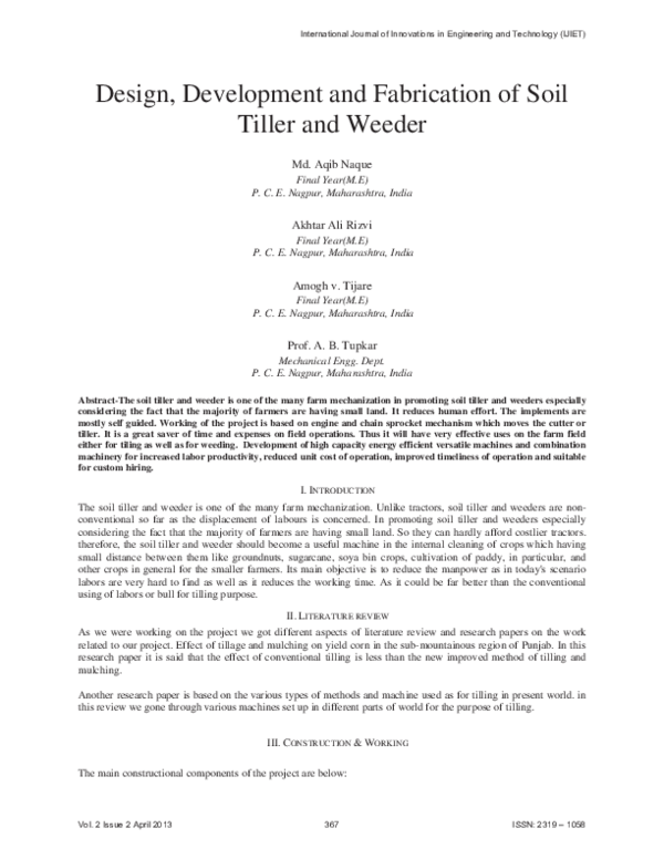 (PDF) Design, Development and Fabrication of Soil Tiller and Weeder (PDF) Design, Development and Fabrication of Soil Tiller and Weeder