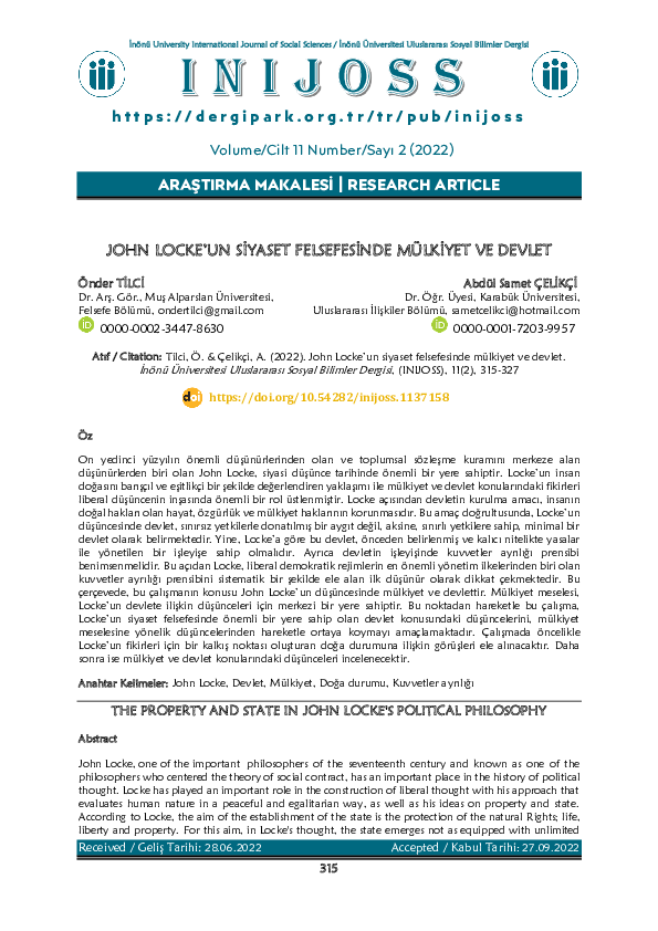 (PDF) JOHN LOCKE'UN SİYASET FELSEFESİNDE MÜLKİYET VE DEVLET