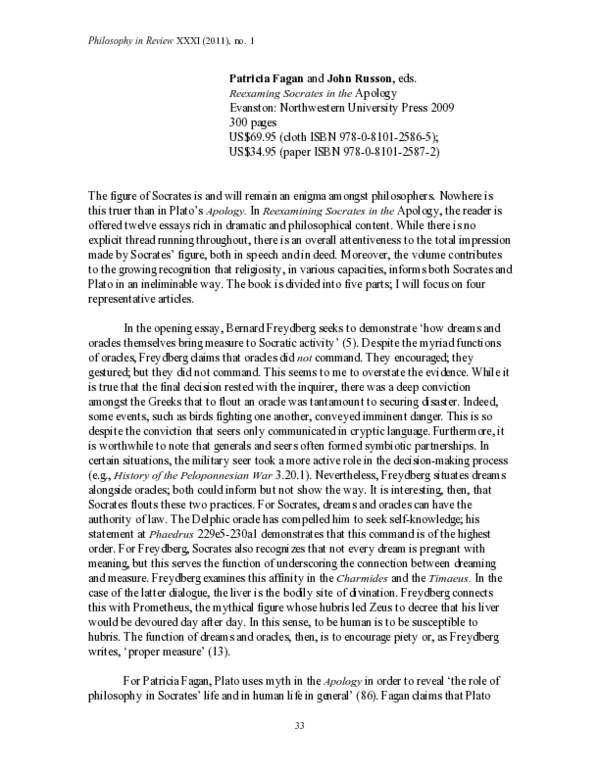 (PDF) Patricia Fagan and John Russon, eds., Reexaming Socrates in the ...