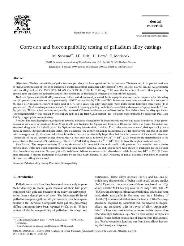 (PDF) Corrosion and biocompatibility testing of palladium alloy castings