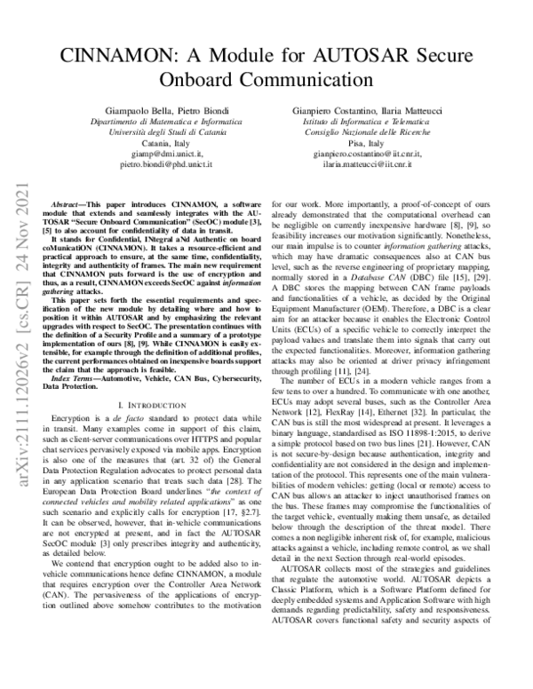 (PDF) CINNAMON: A Module for AUTOSAR Secure Onboard Communication