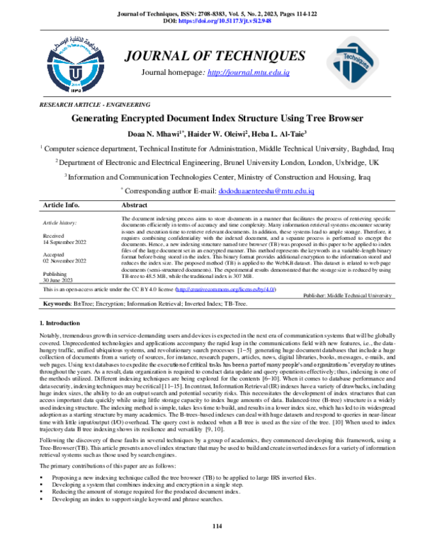 (PDF) Encrypted Document Indexing with Tree Browser Method