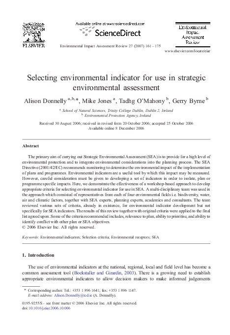 (PDF) Selecting environmental indicator for use in strategic environmental assessment