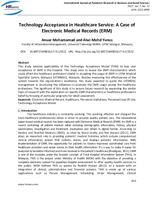 (PDF) Technology Acceptance in Healthcare Service: A Case of Electronic ...