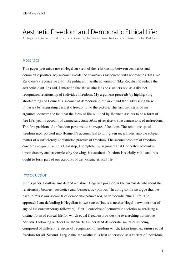 (PDF) Aesthetic freedom and democratic ethical life: A Hegelian account ...