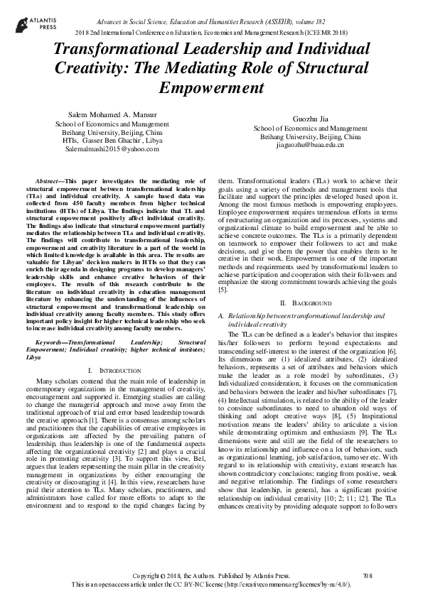 (PDF) Transformational Leadership and Individual Creativity: The Mediating Role of Structural ...