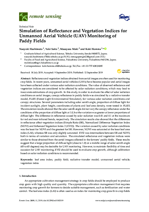 (PDF) Simulation of Reflectance and Vegetation Indices for Unmanned Aerial Vehicle (UAV ...