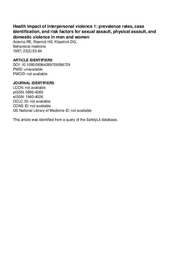 (PDF) Health Impact of Interpersonal Violence 1: Prevalence Rates, Case ...