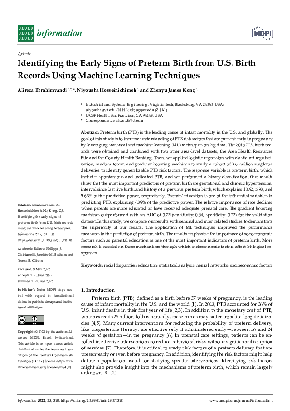(PDF) Identifying the Early Signs of Preterm Birth from U.S. Birth Records Using Machine ...