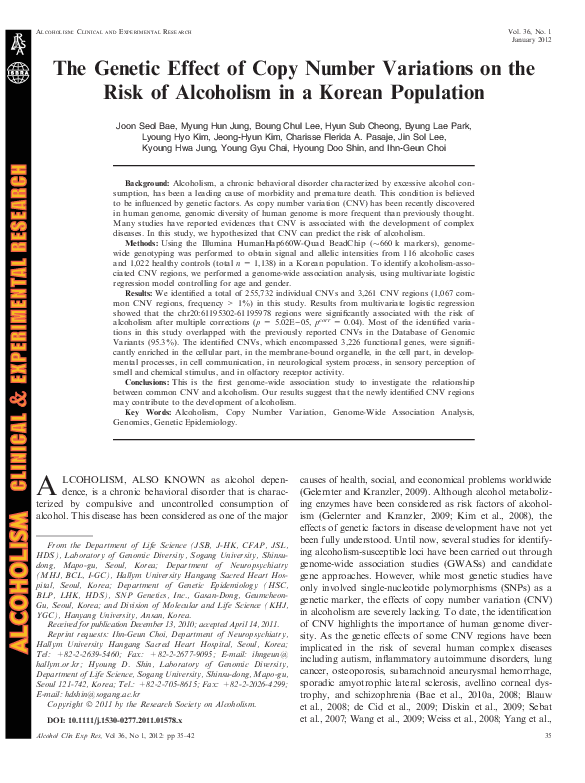 Pdf The Genetic Effect Of Copy Number Variations On The Risk Of Alcoholism In A Korean