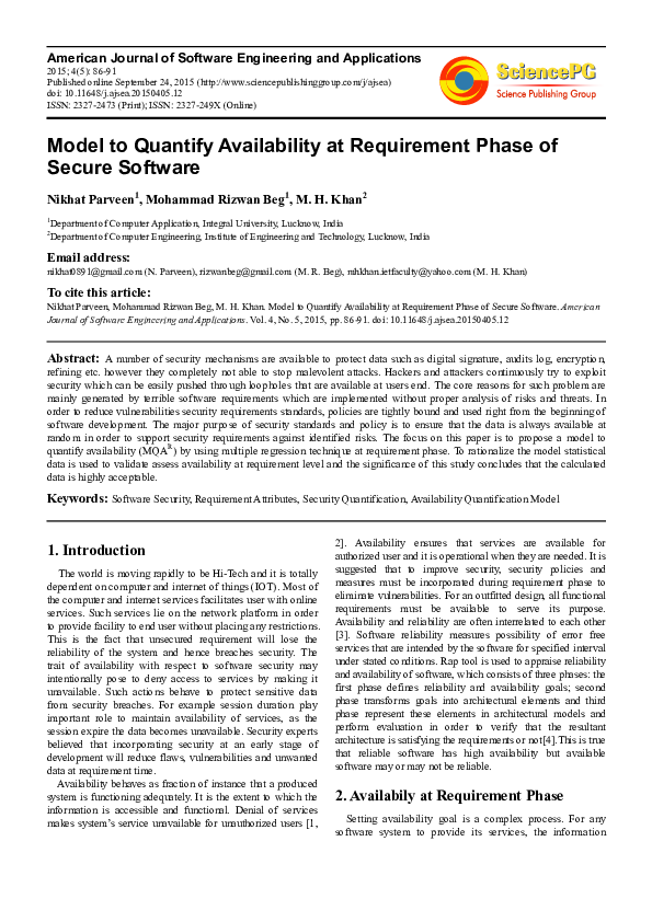 (PDF) Model to Quantify Availability at Requirement Phase of Secure Software