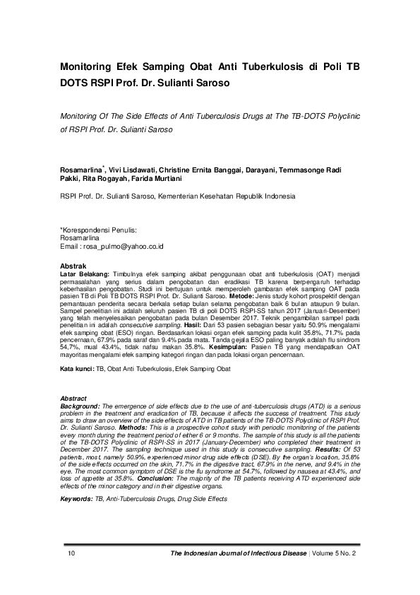 (PDF) Monitoring Efek Samping Obat Anti Tuberkulosis di Poli TB DOTS RSPI Prof. Dr. Sulianti Saroso