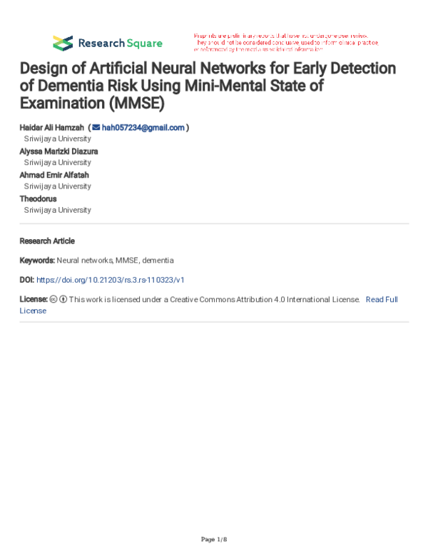 (PDF) Design of Artificial Neural Networks for Early Detection of Dementia Risk Using Mini ...