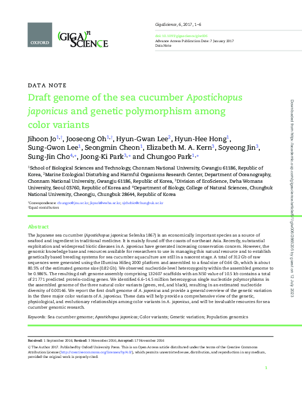 (PDF) Draft genome of the sea cucumber Apostichopus japonicus and ...