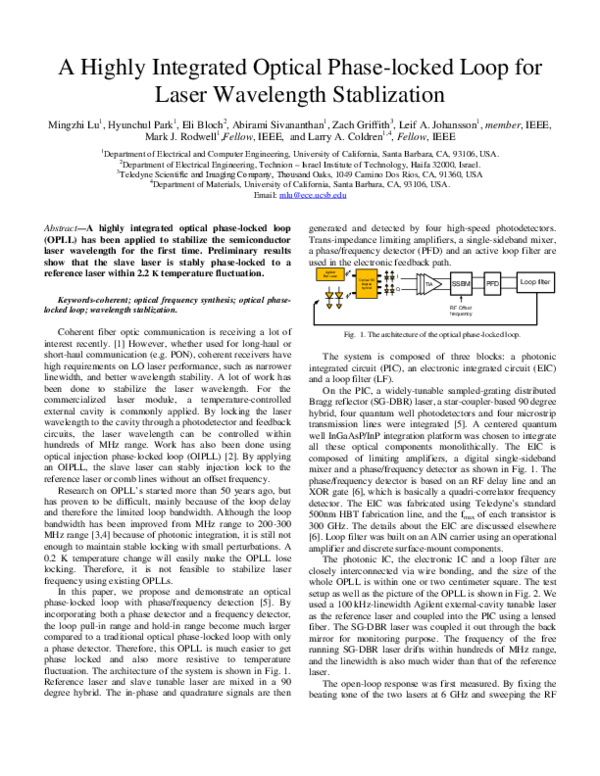 (PDF) A highly integrated optical phase-locked loop for laser wavelength stabilization