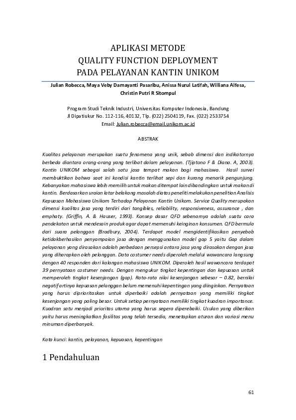 (PDF) Aplikasi Metode Quality Function Deployment Pada Pelayanan Kantin Unikom