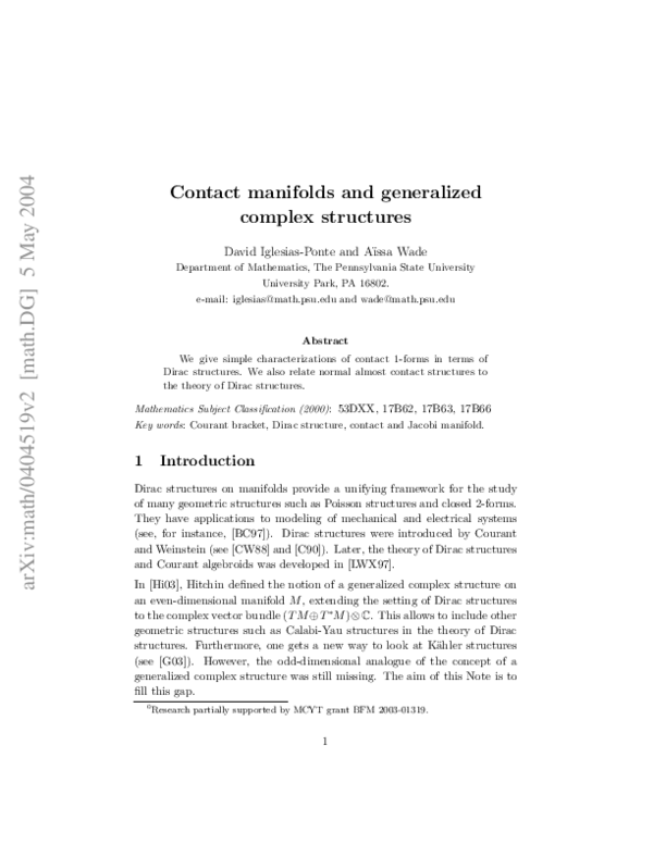 (PDF) Contact manifolds and generalized complex structures
