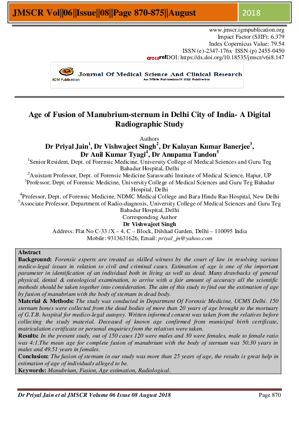 (PDF) Age of Fusion of Manubrium-sternum in Delhi City of India- A ...