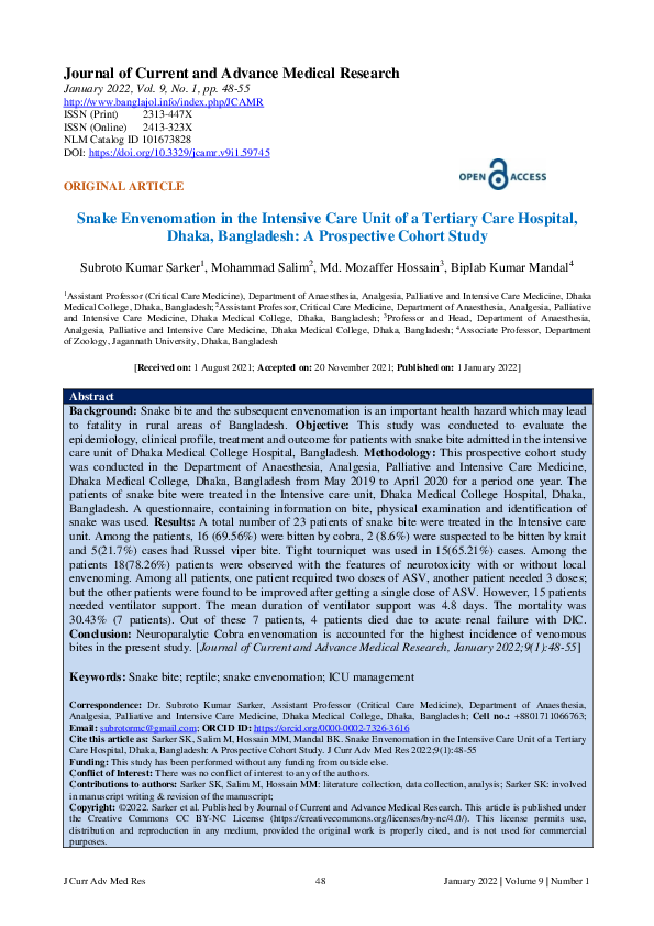 (PDF) Snake Envenomation in the Intensive Care Unit of a Tertiary Care ...