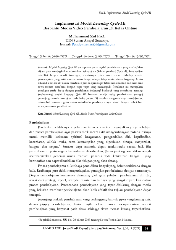 (PDF) Implementasi Model Learning Cycle 5E Berbantu Media Video Pembelajaran di Kelas Online ...