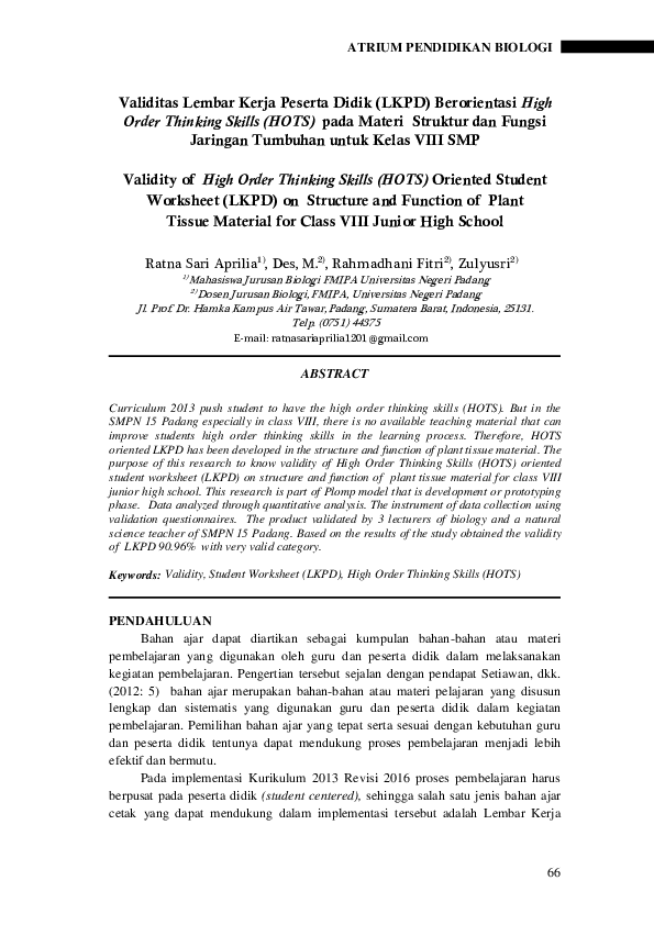 (PDF) Validity of High Order Thinking Skills (HOTS) Oriented Student ...