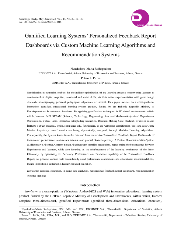 (PDF) Gamified Learning Systems’ Personalized Feedback Report Dashboards via Custom Machine ...