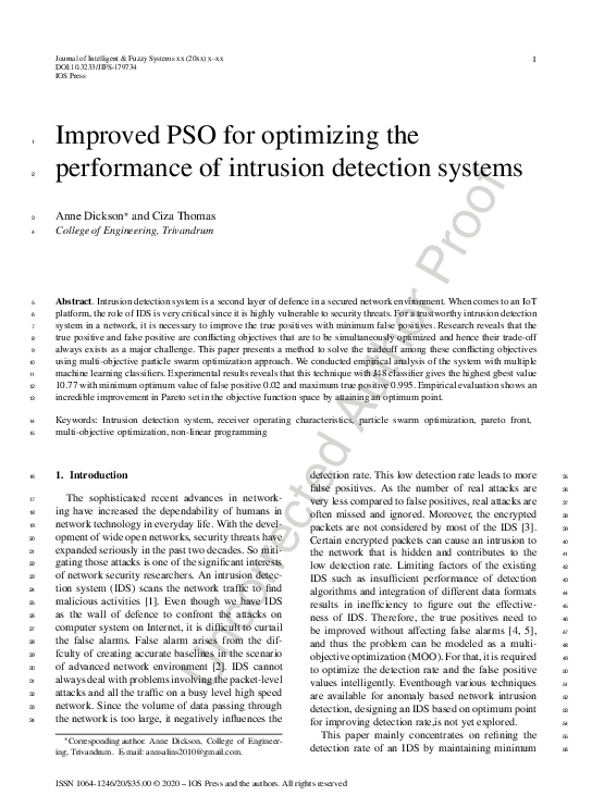 Pdf Improved Pso For Optimizing The Performance Of Intrusion