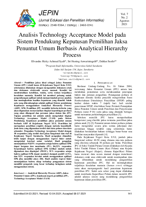 (PDF) Analisis Technology Acceptance Model pada Sistem Pendukung Keputusan Pemilihan Jaksa ...