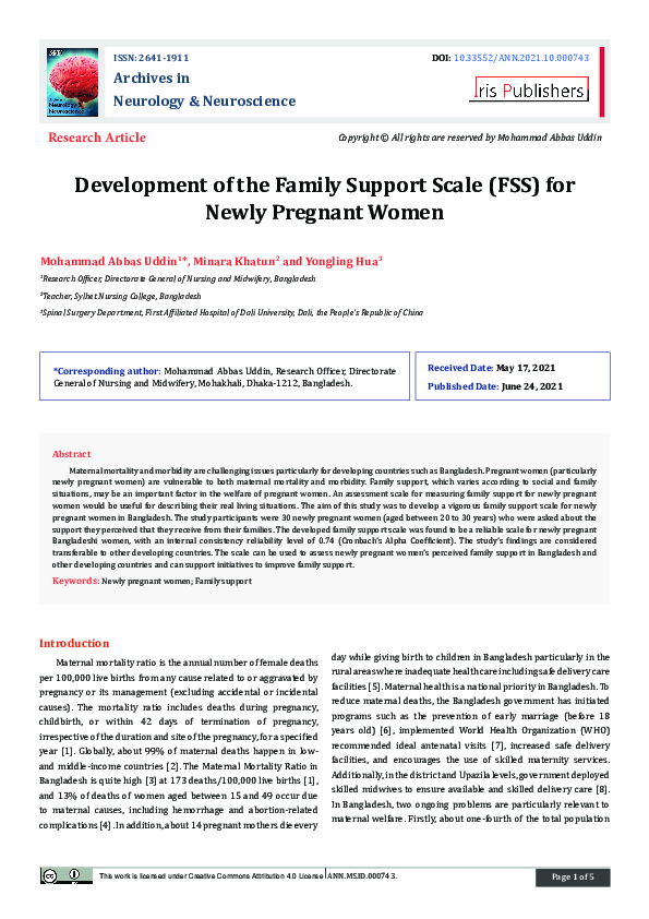 (PDF) Development of the Family Support Scale (FSS) for Newly Pregnant ...