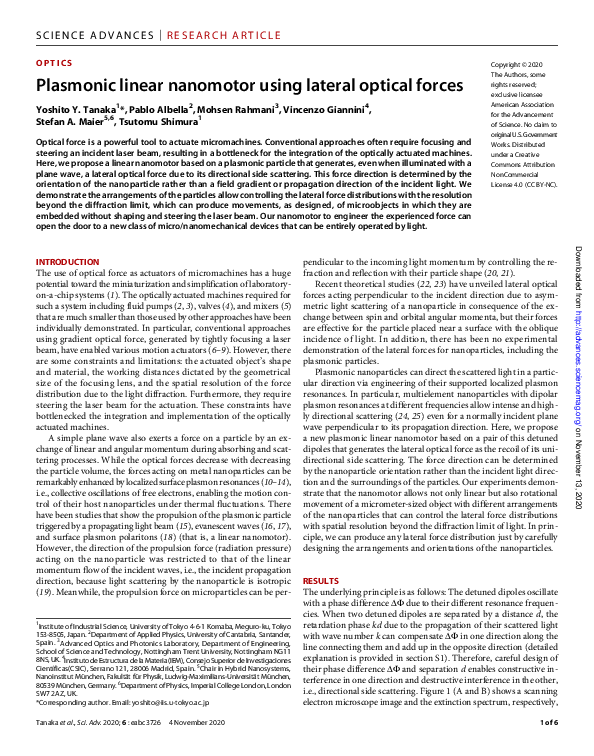 (PDF) Plasmonic linear nanomotor using lateral optical forces