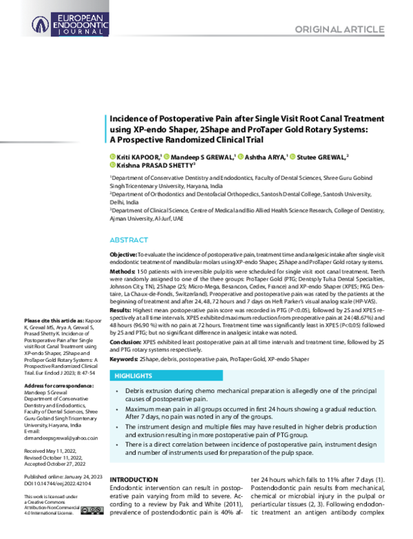 (PDF) Incidence of Postoperative Pain after Single Visit Root Canal Treatment using XP-endo ...