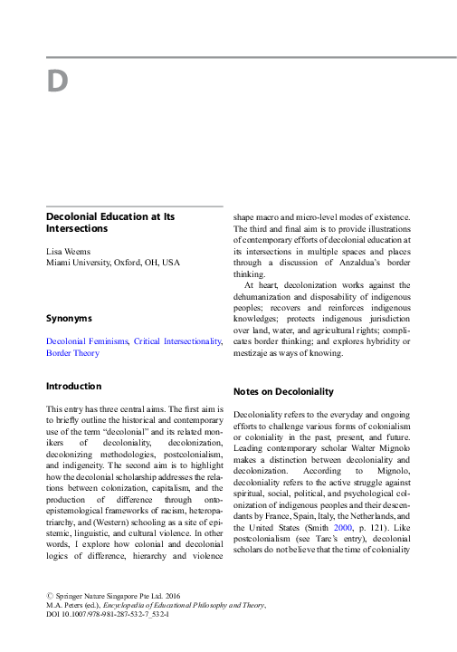 (PDF) Decolonial Education at Its Intersections | Lisa Weems - Academia.edu