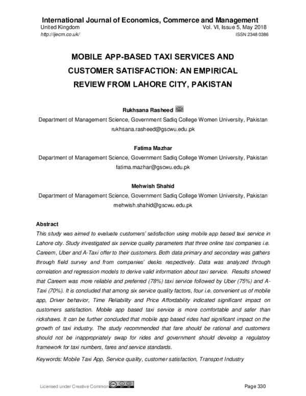 (PDF) Mobile App-Based Taxi Services and Customer Satisfaction : An Empirical Review from Lahore ...