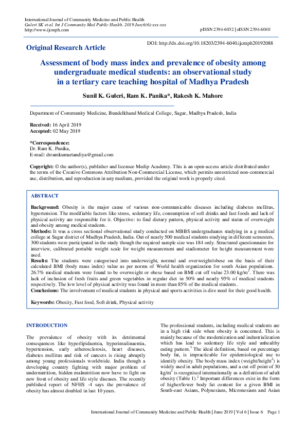 (PDF) Assessment of body mass index and prevalence of obesity among ...