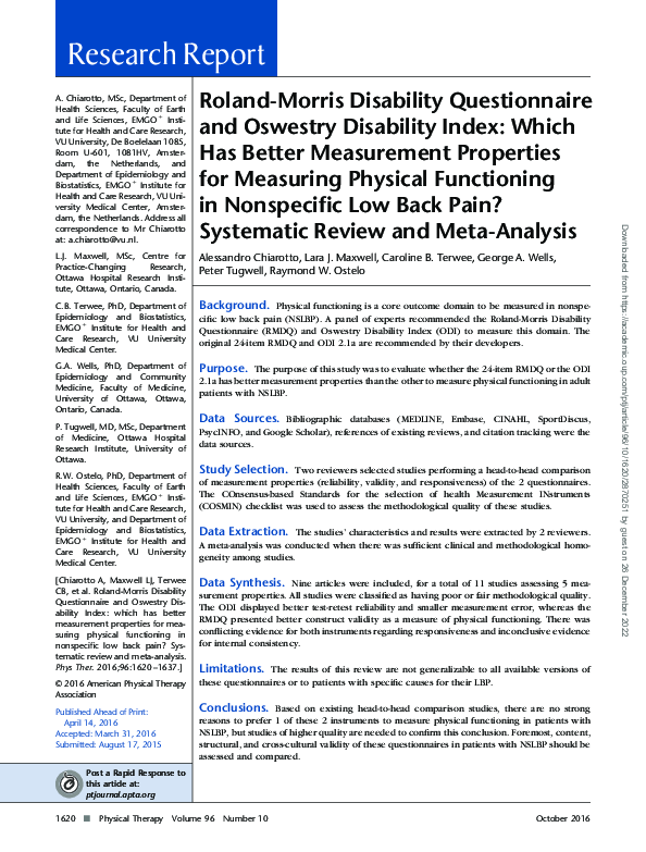 (PDF) Roland-Morris Disability Questionnaire and Oswestry Disability ...