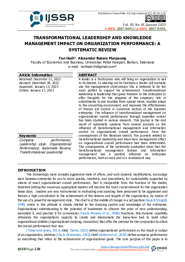 (PDF) Transformational Leadership and Knowledge Management Impact on Organization Performance: A ...