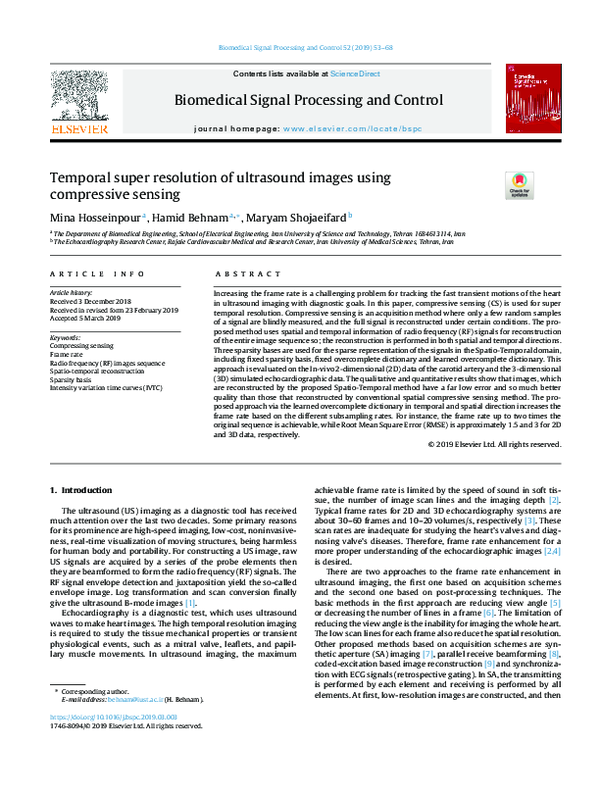 Pdf Temporal Super Resolution Of Ultrasound Images Using Compressive Sensing Maryam