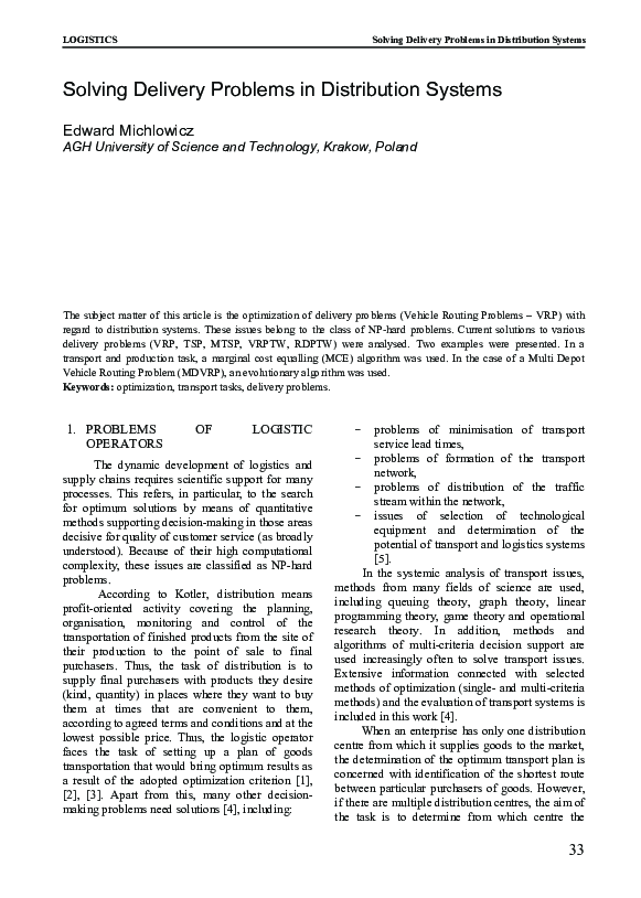 (PDF) Solving delivery problems in distribution systems