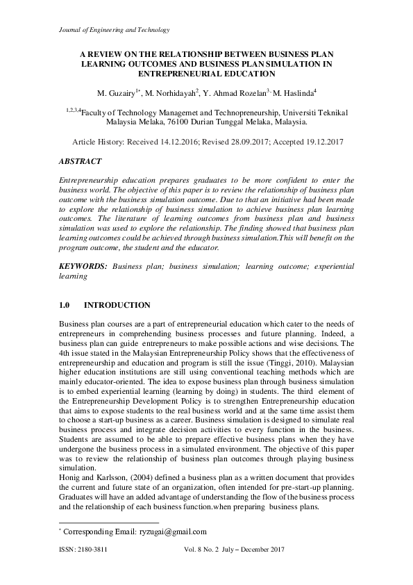 (PDF) A Review on the Relationship Between Business Plan Learning ...