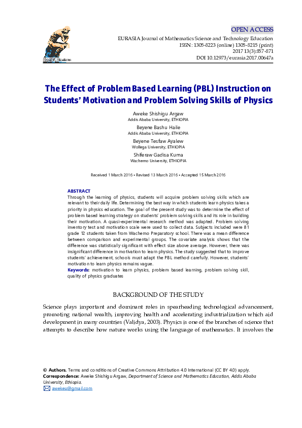 (PDF) The Effect of Problem Based Learning (PBL) Instruction on Students’ Motivation and Problem ...