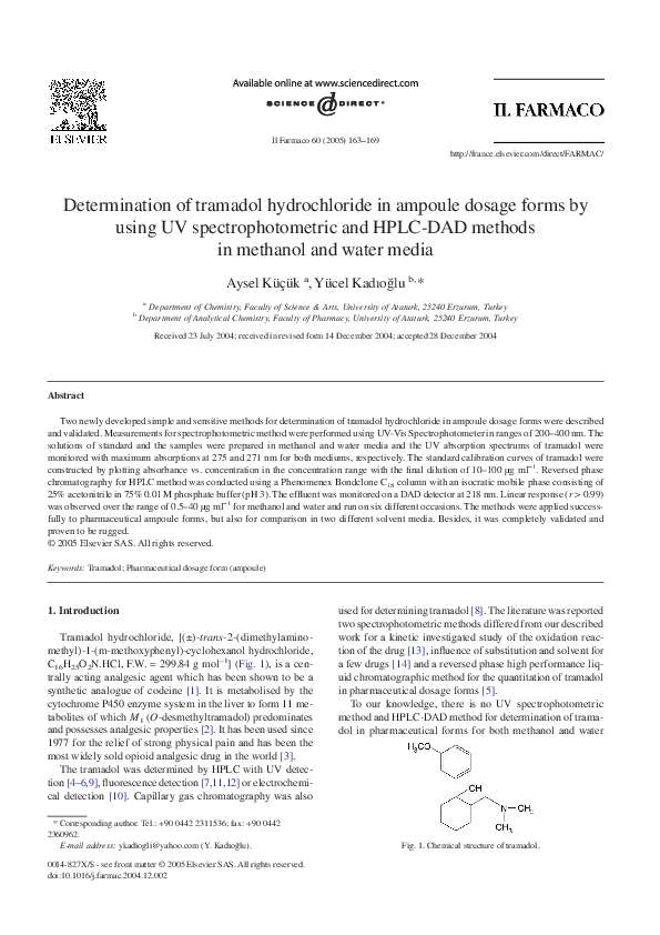 (PDF) Determination of tramadol hydrochloride in ampoule dosage forms by using UV ...