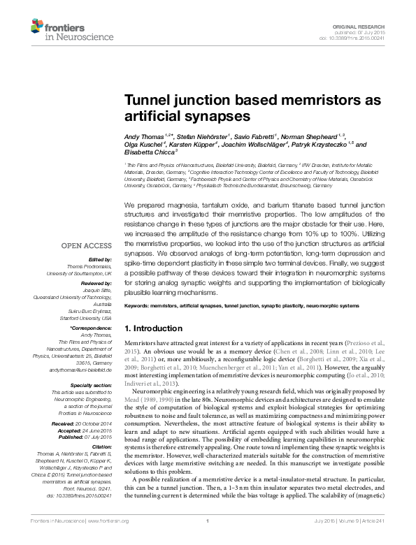 (PDF) Tunnel junction based memristors as artificial synapses