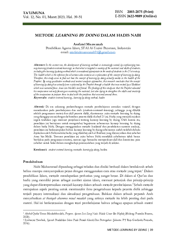 (PDF) Metode Learning by Doing Dalam Hadis Nabi