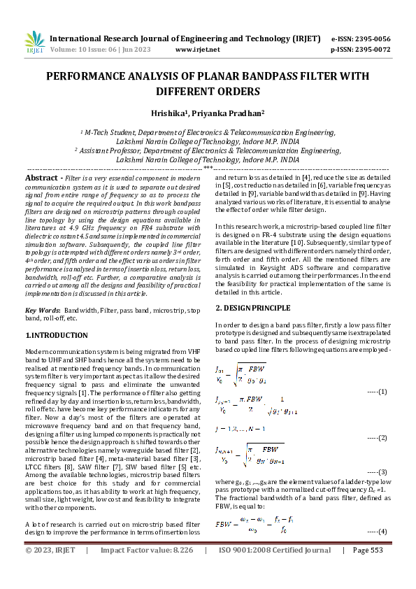 (PDF) PERFORMANCE ANALYSIS OF PLANAR BANDPASS FILTER WITH DIFFERENT ORDERS