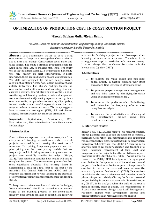 (PDF) OPTIMIZATION OF PRODUCTION COST IN CONSTRUCTION PROJECT